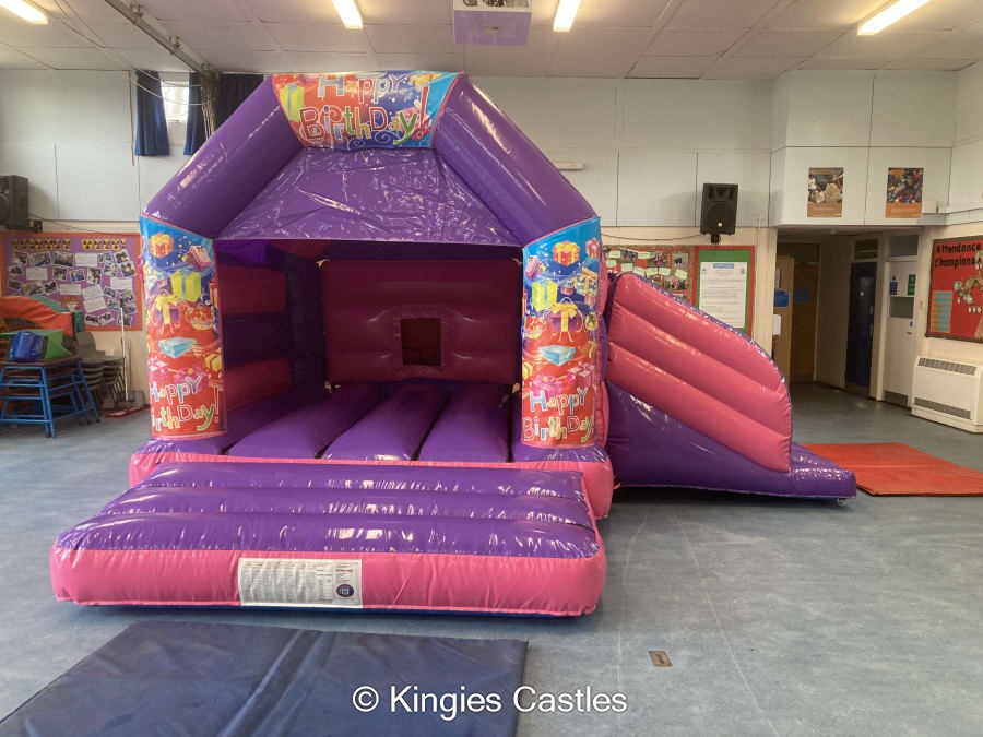Pink and purple side slide bouncy castle